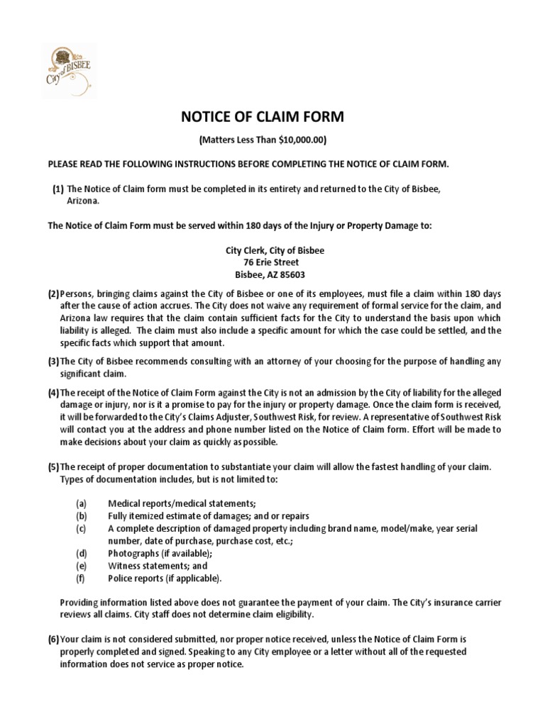 Notice of Claim Against The City of Bisbee Updated 12-2019 Fillable ...