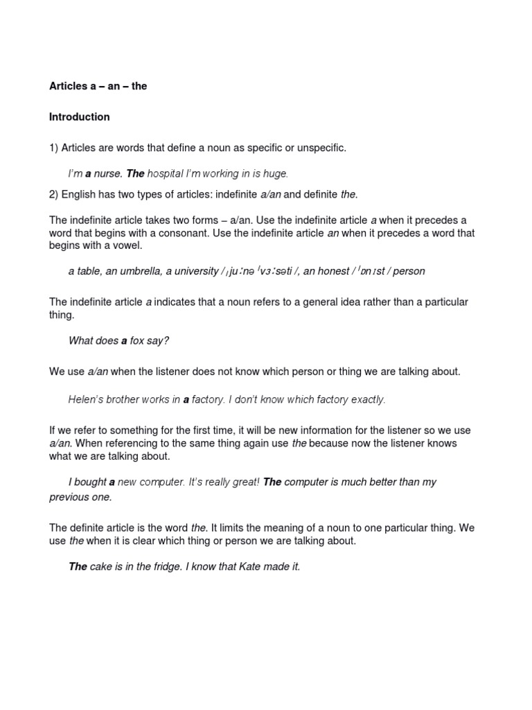 1.1 5. (Textbook) Articles A - An - The | PDF | Word | Cognitive Science