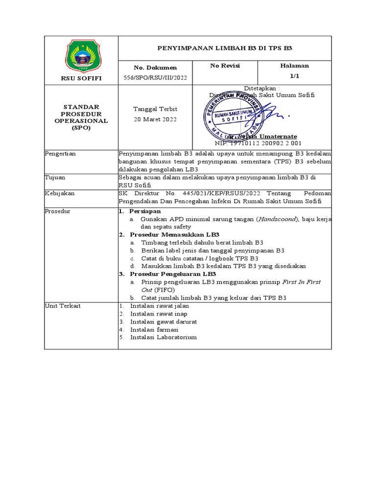 Sop Penyimpanan Limbah b3 Di Tps b3 | PDF