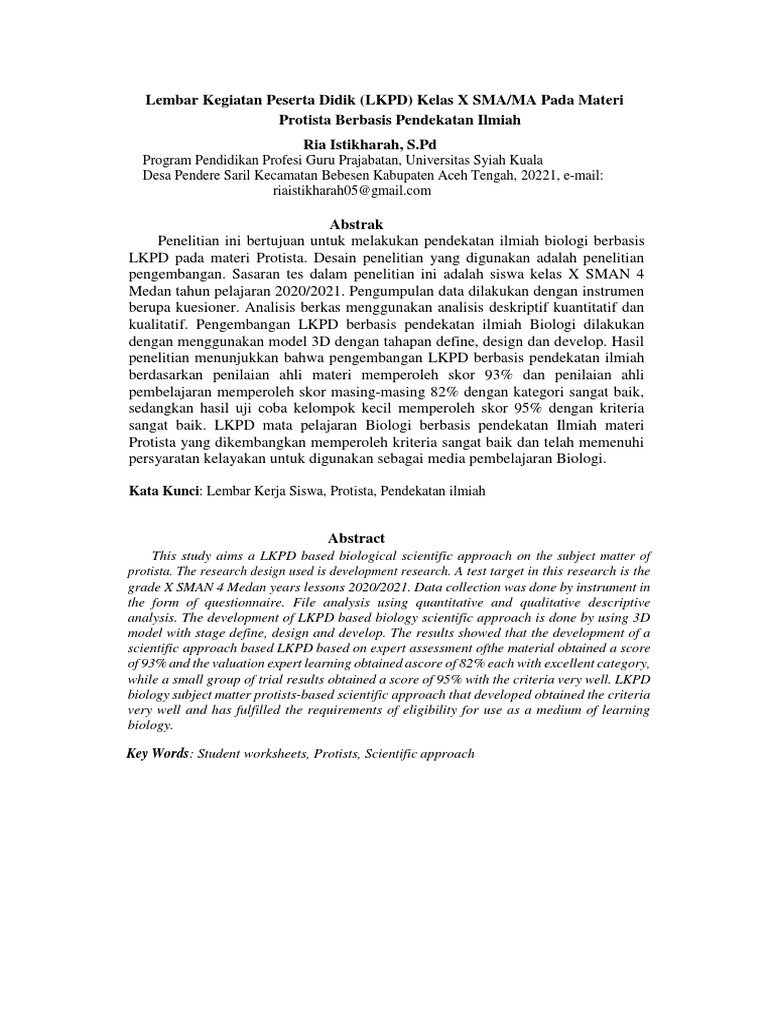 Jurnal Pengembangan LKPD Kelas X SMA - MAPada Materi Pokok Protista Berbasis Pendekatan Ilmiah ...