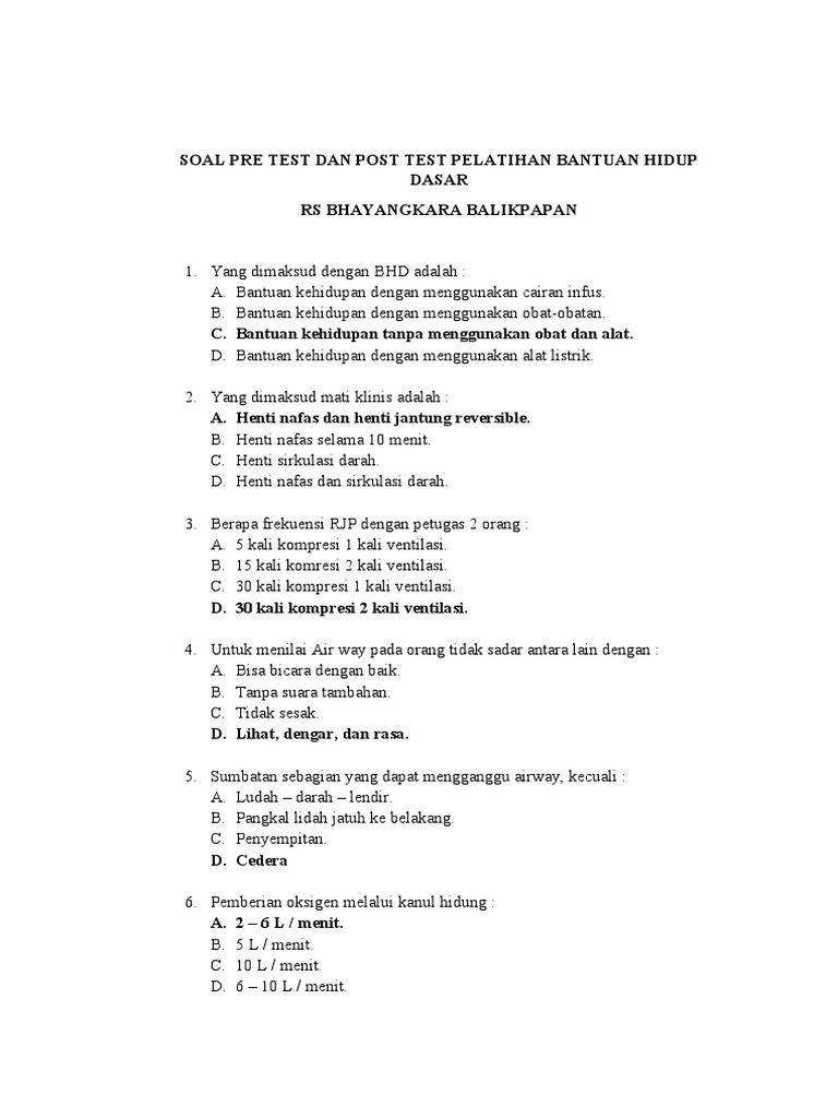 Soal Pre Test Dan Post Test Pelatihan Bantuan Hidup Dasar PDF