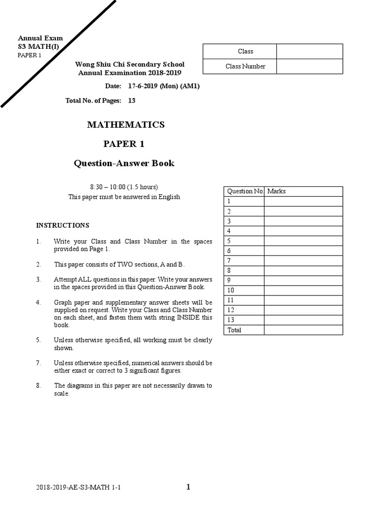 Mathematics Paper 1 Question-Answer Book | PDF | Sphere | Area