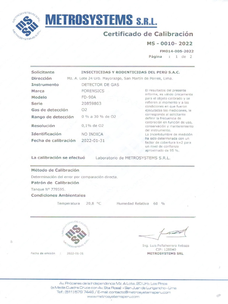 Certificado - Detector Oxigeno Serie 20859803 | PDF