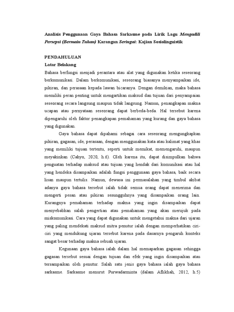 Analisis Penggunaan Gaya Bahasa Sarkasme Pada Lirik Lagu | PDF | Kajian Bahasa Asing