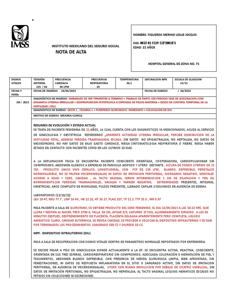 ALTA CESAREA + DIU | PDF | Parto | La salud de la mujer