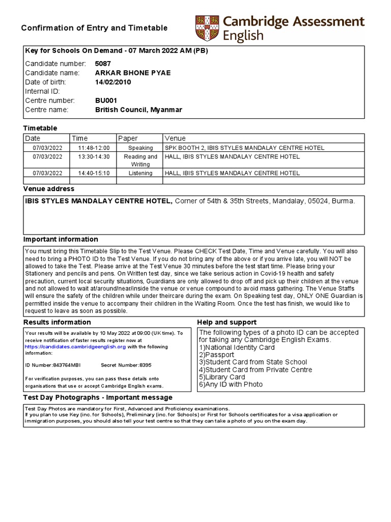 Confirmation of Entry and Timetable - Teacher Mie Nge English Classes | PDF