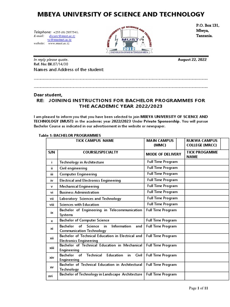 Mbeya University of Science and Technology | PDF | Bachelor's Degree | University