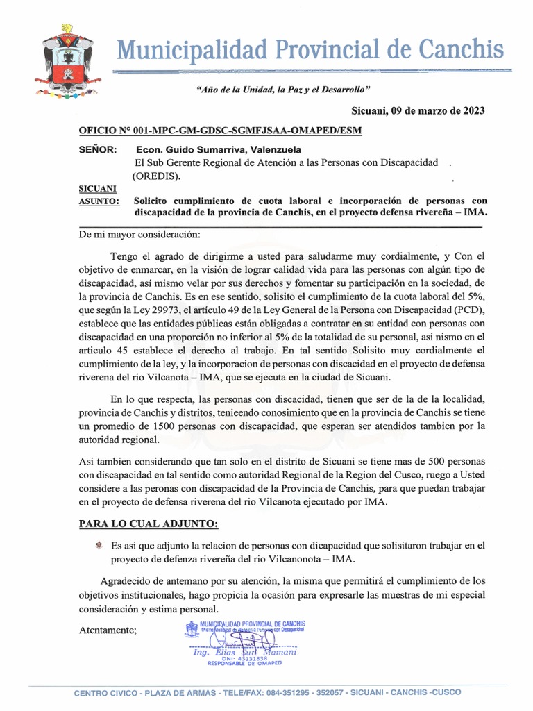 Oficio N 001 Solicitud de Incorporacion A Personas Con Discapacidad en ...