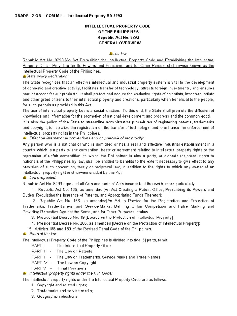 GRADE 12 OB - COM MIL - Intellectual Property RA 8293 | PDF ...