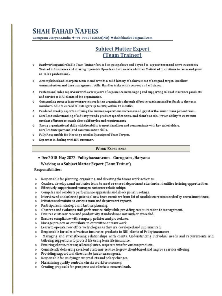 CutShort CV Shah Fahad Nafees Subject Matter Expert HVoc | PDF | Sales | Expert