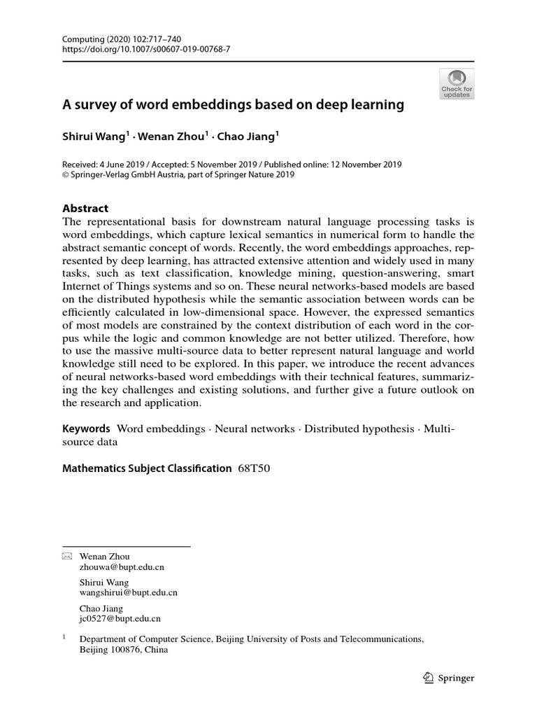 A Survey of Word Embeddings Based On Deep Learning: Shirui Wang Wenan Zhou Chao Jiang | PDF ...