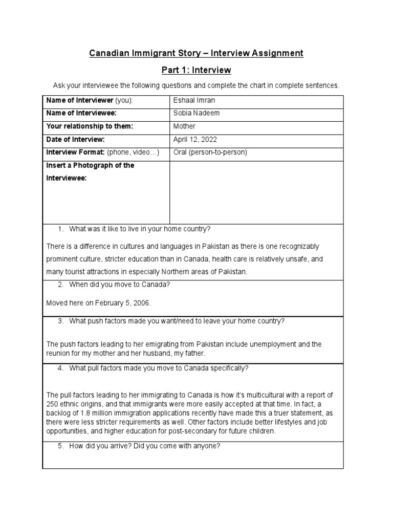 Canadian Immigrant Story Assignment | PDF | Experience | Feeling