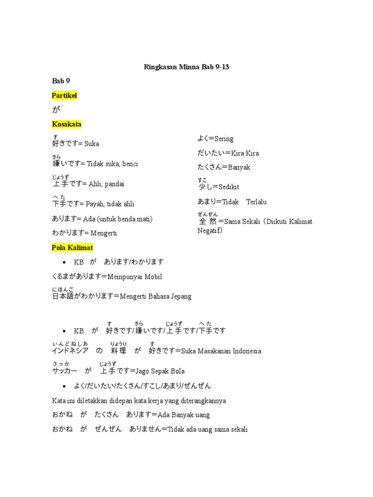 Ringkasan Minna Bab 9-13 | PDF
