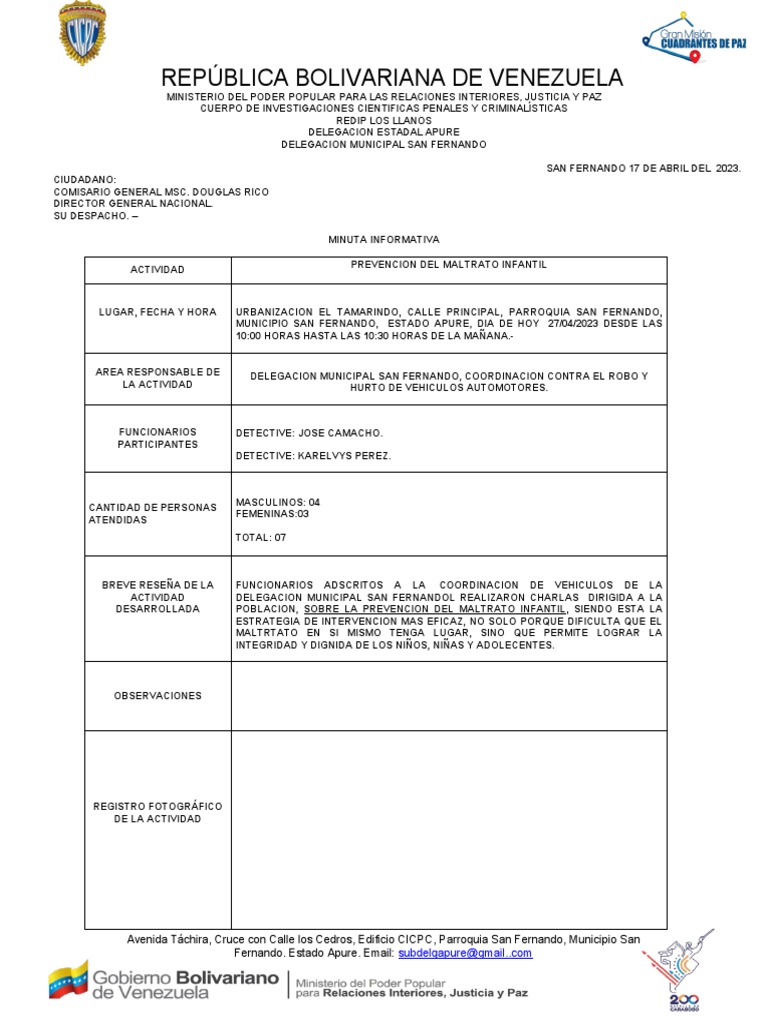 Minuta de Prevencion 17-04-2023 (Personas) | PDF | Venezuela