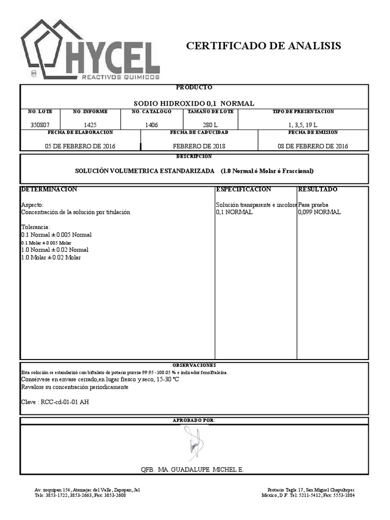 Certificado de Análisis-Sodio Hidróxido 0,1 Normal-1406-350807-Hycel ...