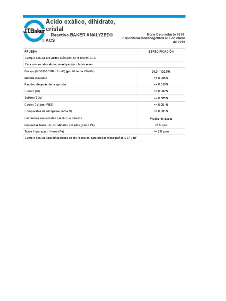Certificado de Análisis-Ácido Oxálico, Anhidro-JT Baker | PDF