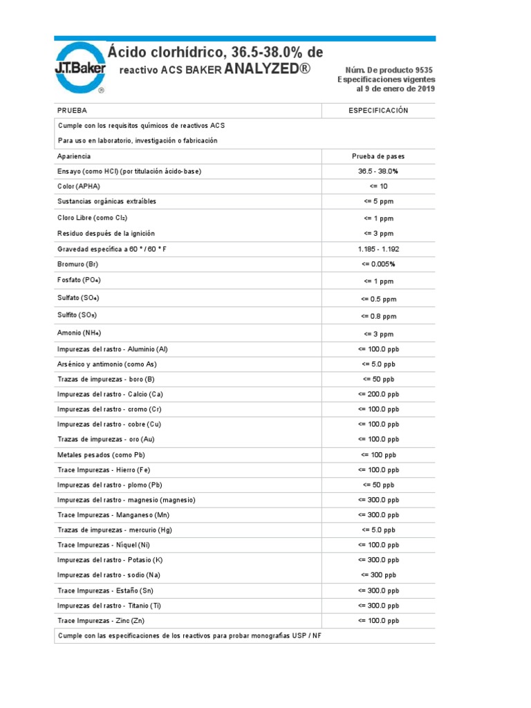 Certificado de Análisis-Ácido Clorhídrico ACS-JT Baker | PDF | Ácido ...