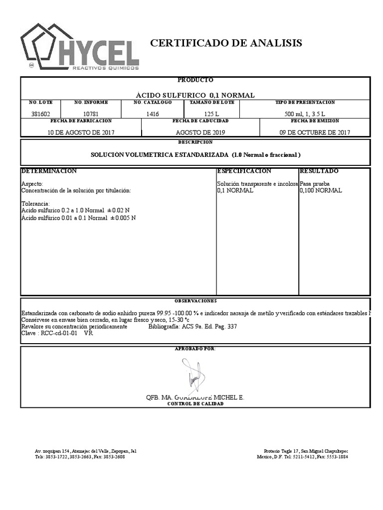 Certificado de Análisis-Ácido Sulfúrico 0,1 Normal-1416-381602-Hycel | PDF