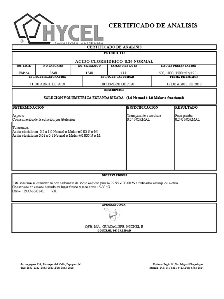 Certificado de Análisis-Ácido Clorhídrico 0,24 Normal-1348-394664-Hycel ...