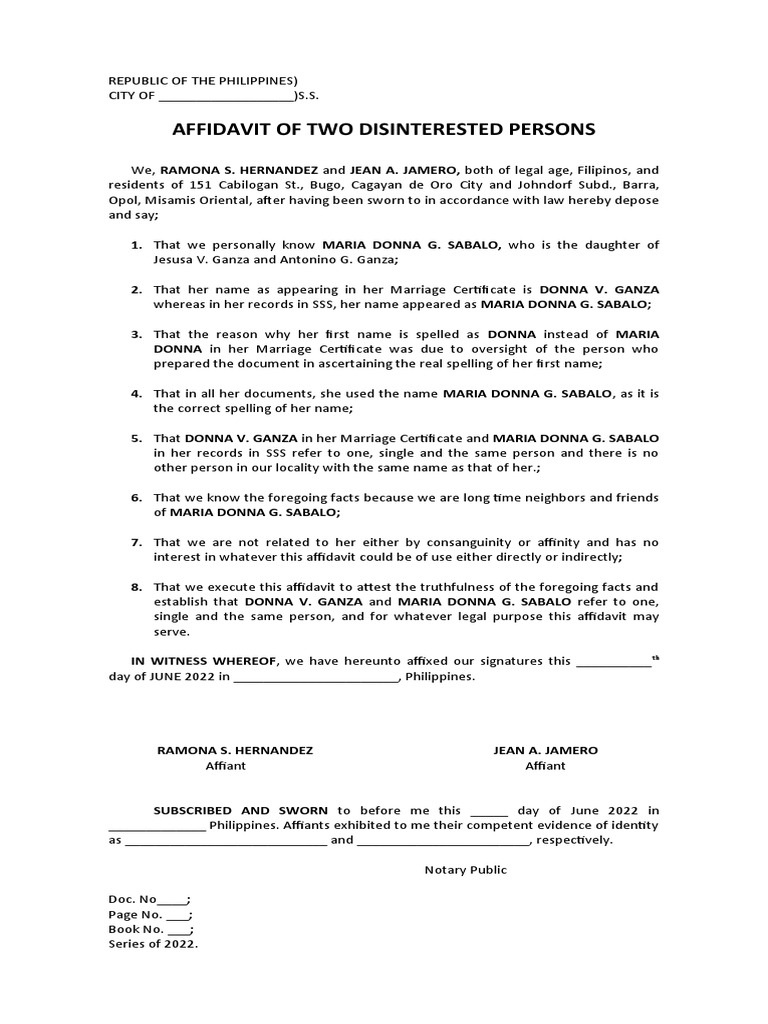 4 Affidavit of Two Disinterested Persons One and The Same Person ...