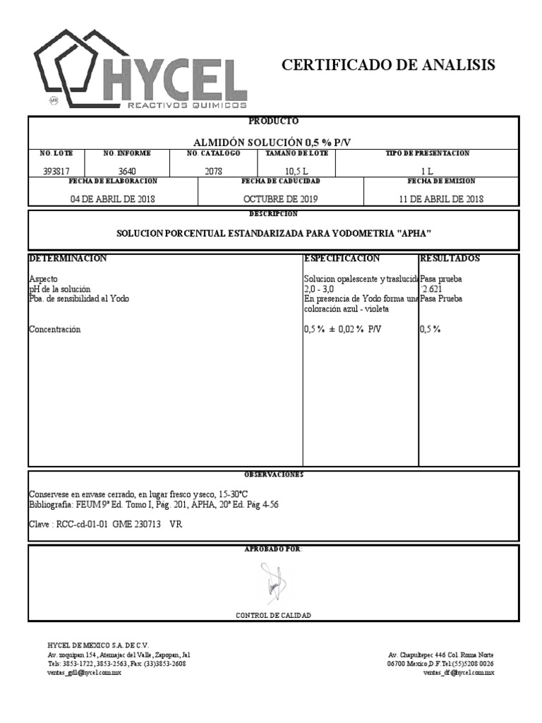Certificado de Análisis-Almidón Solución 0,5% Pv-2078-393817-Hycel | PDF