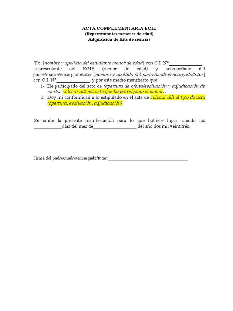 3.modelo de Acta Complementaria - Egie Menor de Edad - Kits de Ciencias | PDF