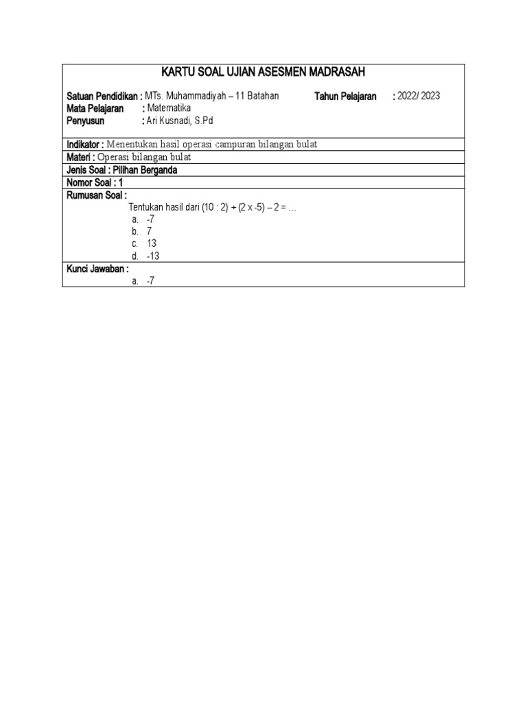Kartu Soal Ujian Asesmen Madrasah MTK | PDF