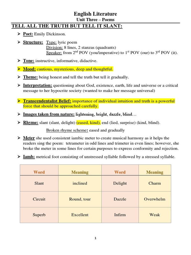 Tell All The Truth But Tell It Slant Poem | PDF | Metre (Poetry) | Poetry