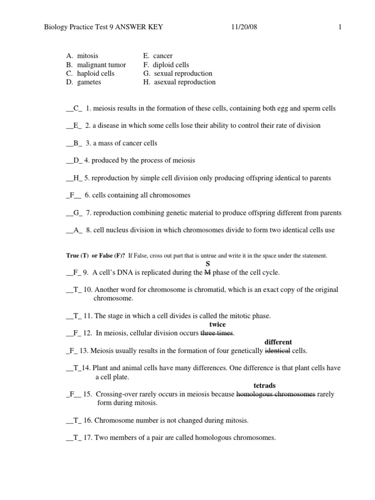 Biology Chapter 9 Practice Test With Answers | PDF | Mitosis | Meiosis
