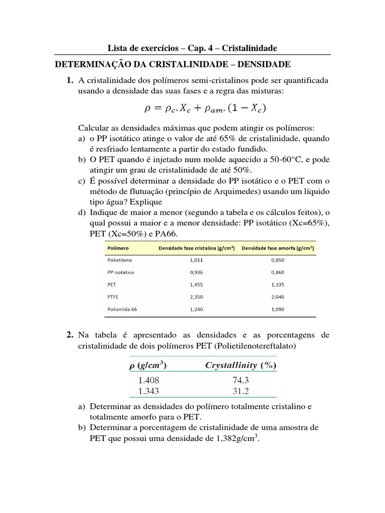 Lista de Exercícios Cap 4 | Download grátis PDF | Estrutura de cristal | Polímeros