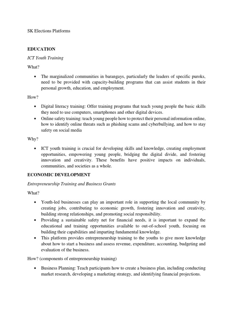 SK Elections Platforms | PDF | Leadership | Entrepreneurship