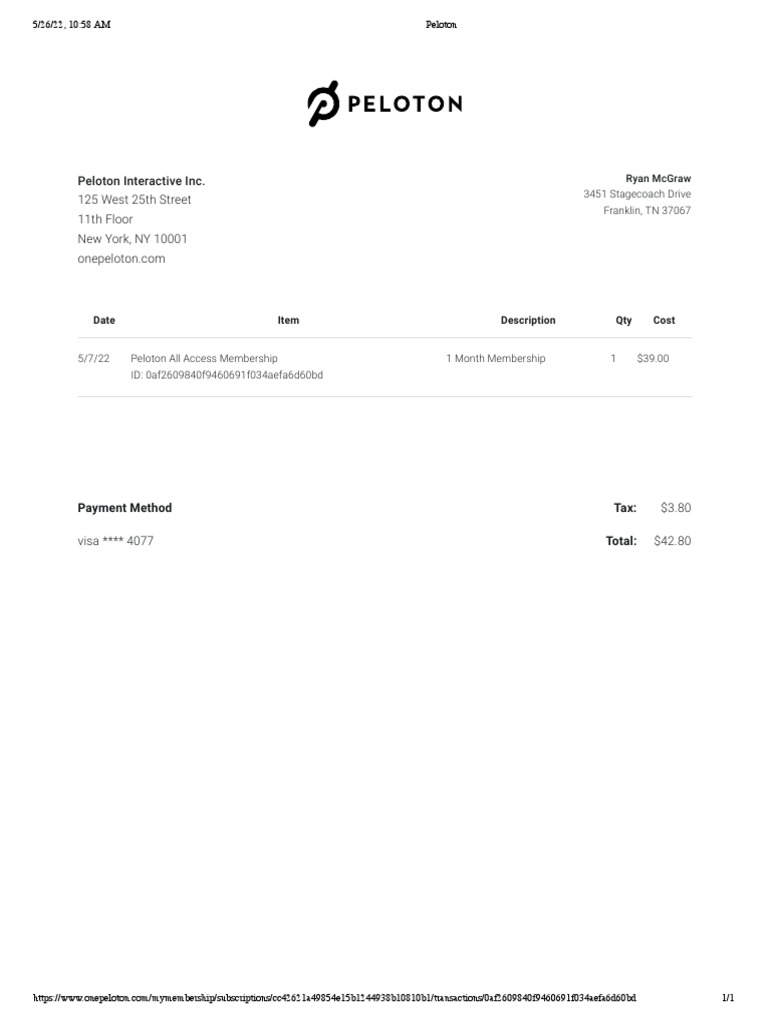 Peloton Membership Receipt - May 2022 | PDF