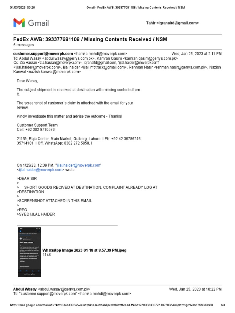 Gmail - FedEx AWB_ 393377681108 _ Missing Contents Received _ NSM | PDF
