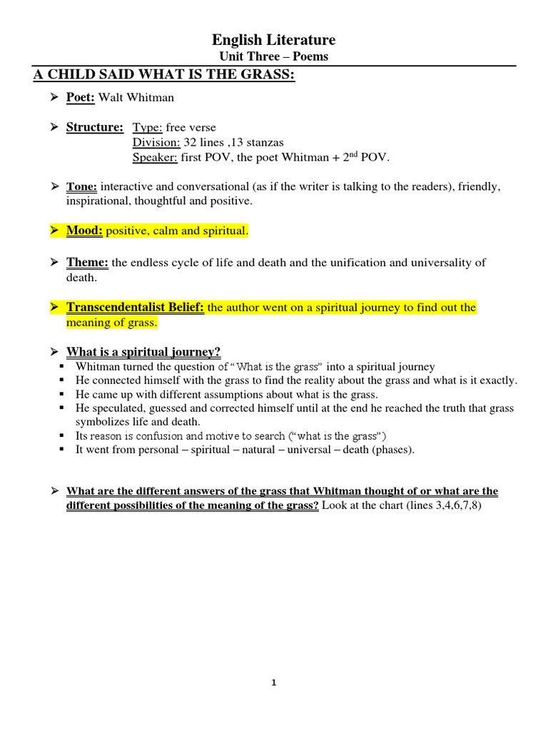 A Child Said What Is The Grass Poem | PDF