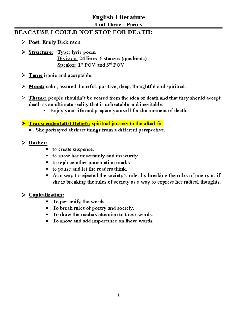 Analysis of Dickinson's "Because I Could Not Stop for Death" | PDF