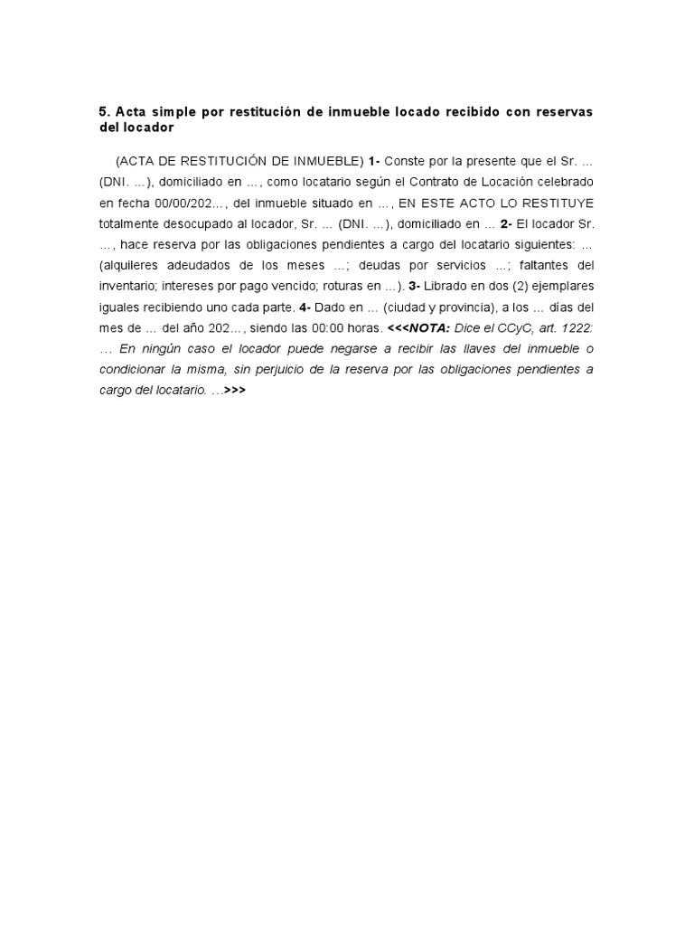 Acta Simple Por Restitución de Inmueble Locado Recibido Con Reservas ...