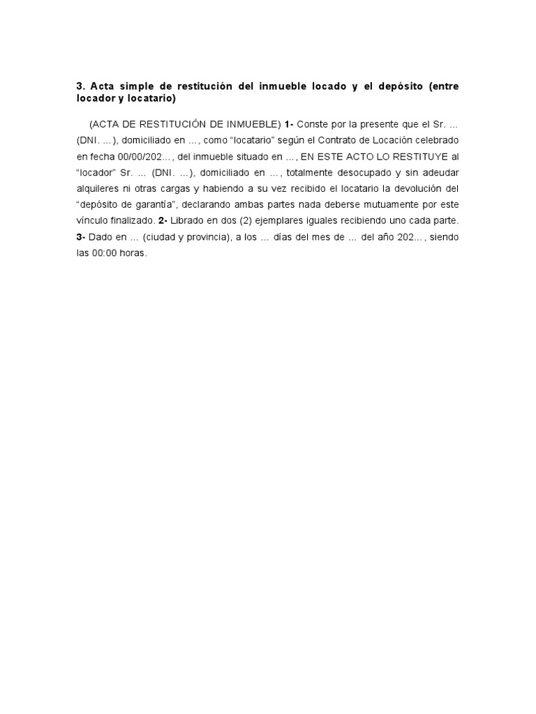Acta Simple de Restitución Del Inmueble Locado y El Depósito (Entre ...