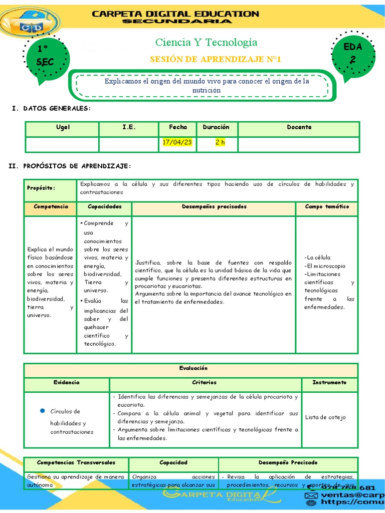 1° SESIÓN DE APRENDIZAJE SESIÓN1-SEM.1-EXP.2-CyT | PDF