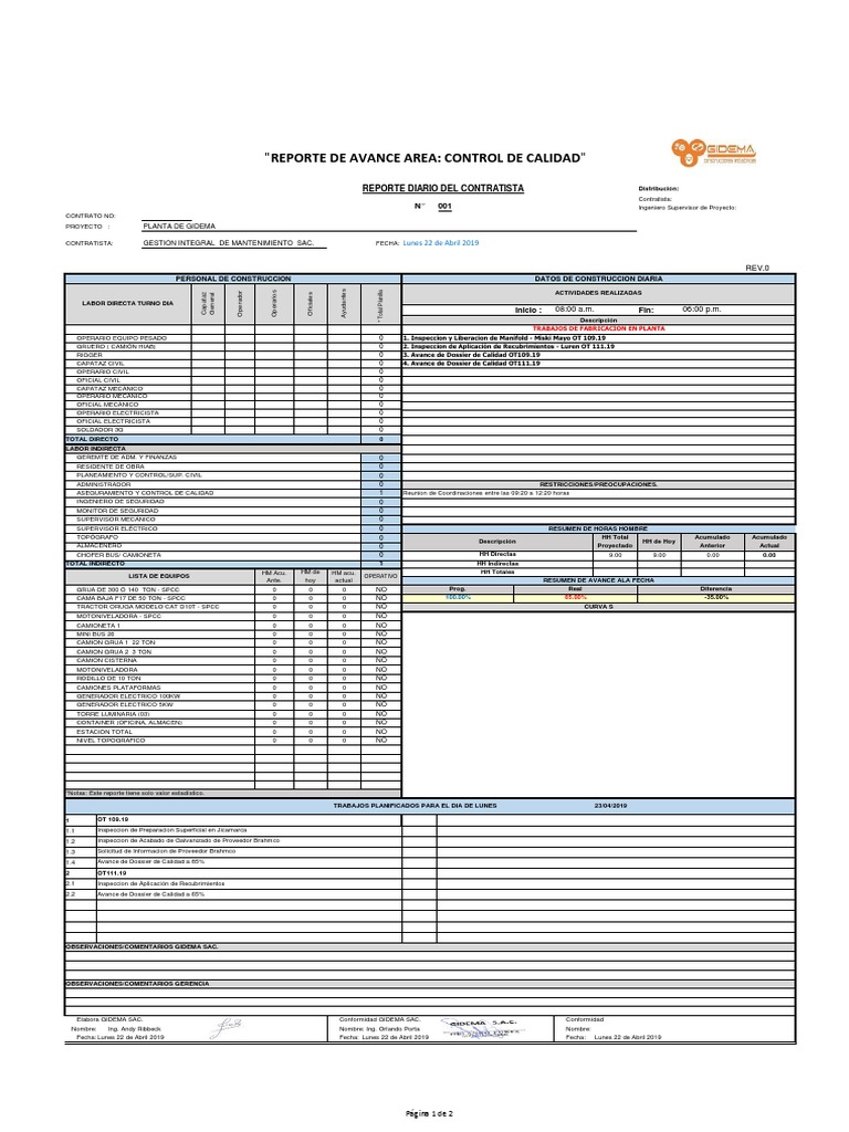 Reporte de Avance Diario N°1 - Qaqc | PDF