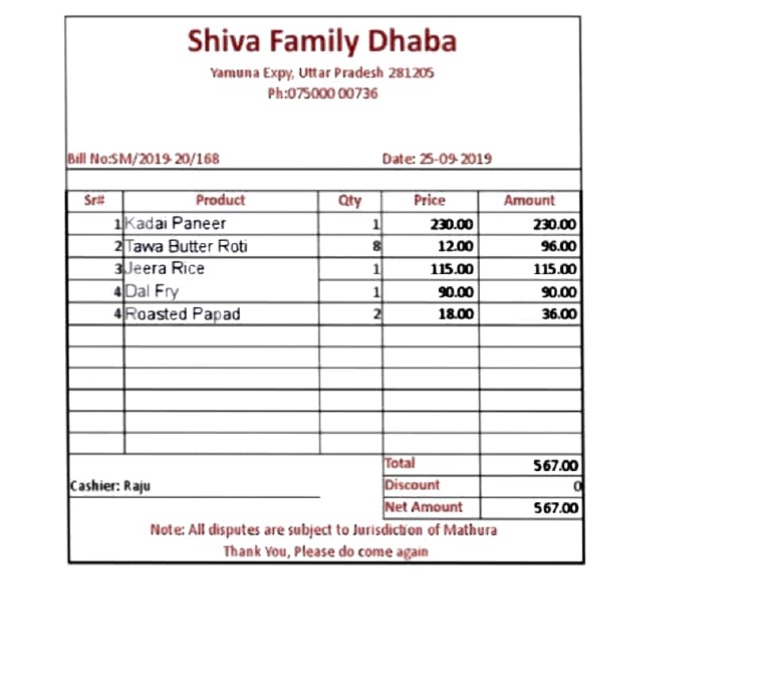 Shiva Family Dhaba Bill Summary | PDF