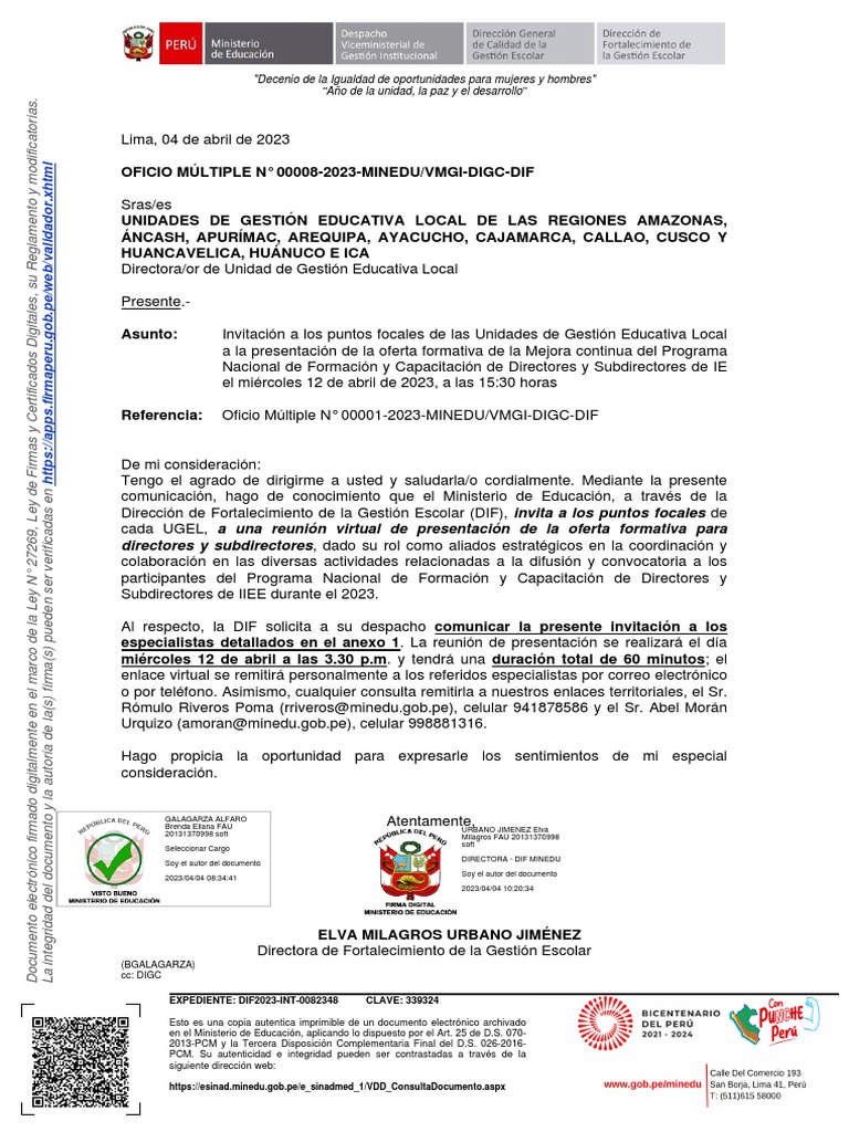 Oficio Multiple 00008 2023 Minedu Vmgi Digc Dif | PDF