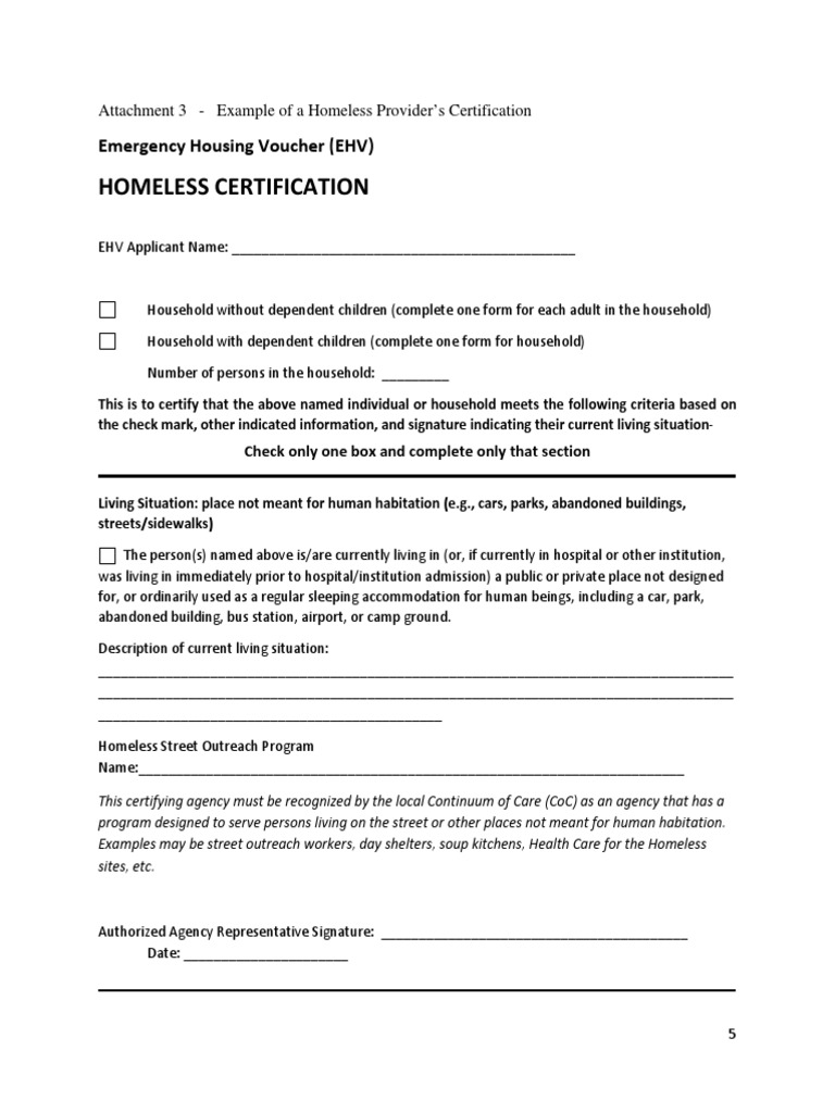 Homeless Certification Form Example | PDF | Homelessness | Humanitarian Aid