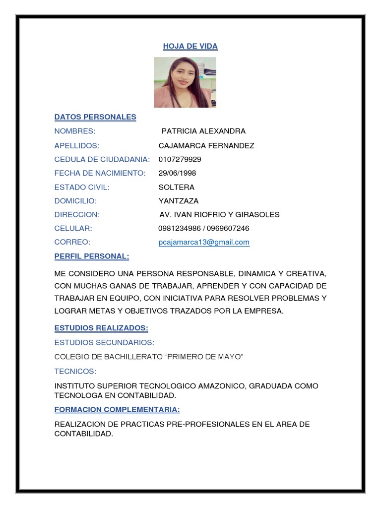 Cv. Patricia Cajamarca | PDF | Educación más alta | Ecuador