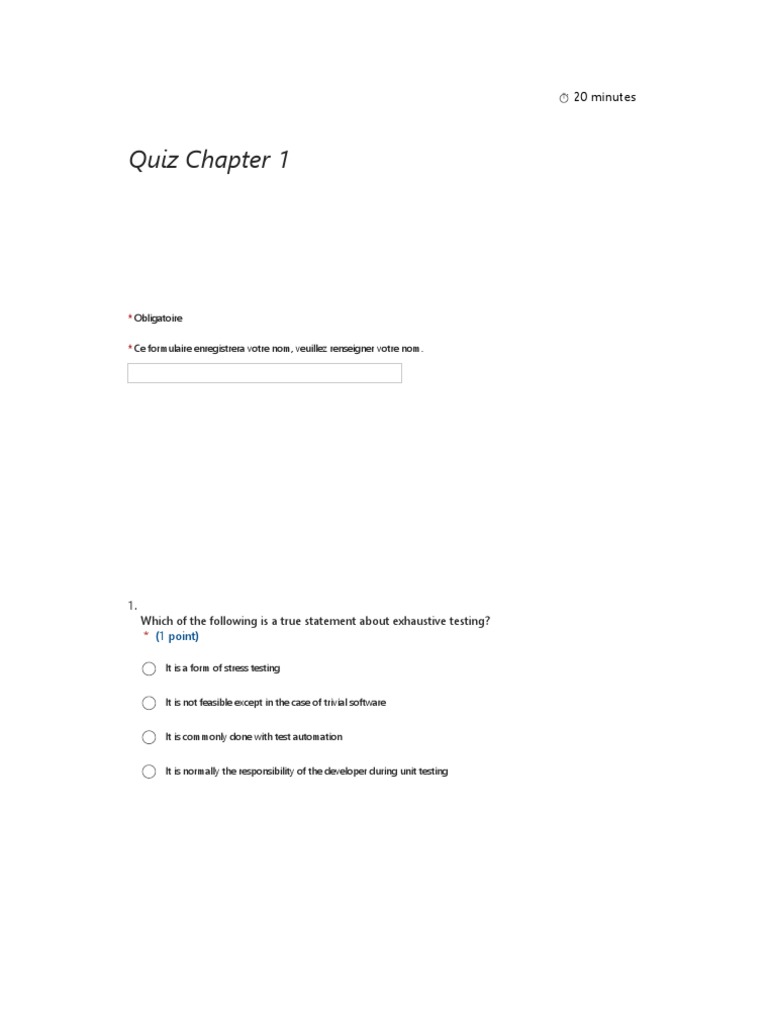 Quiz Chapter 1 | PDF | Software Testing | Software Bug