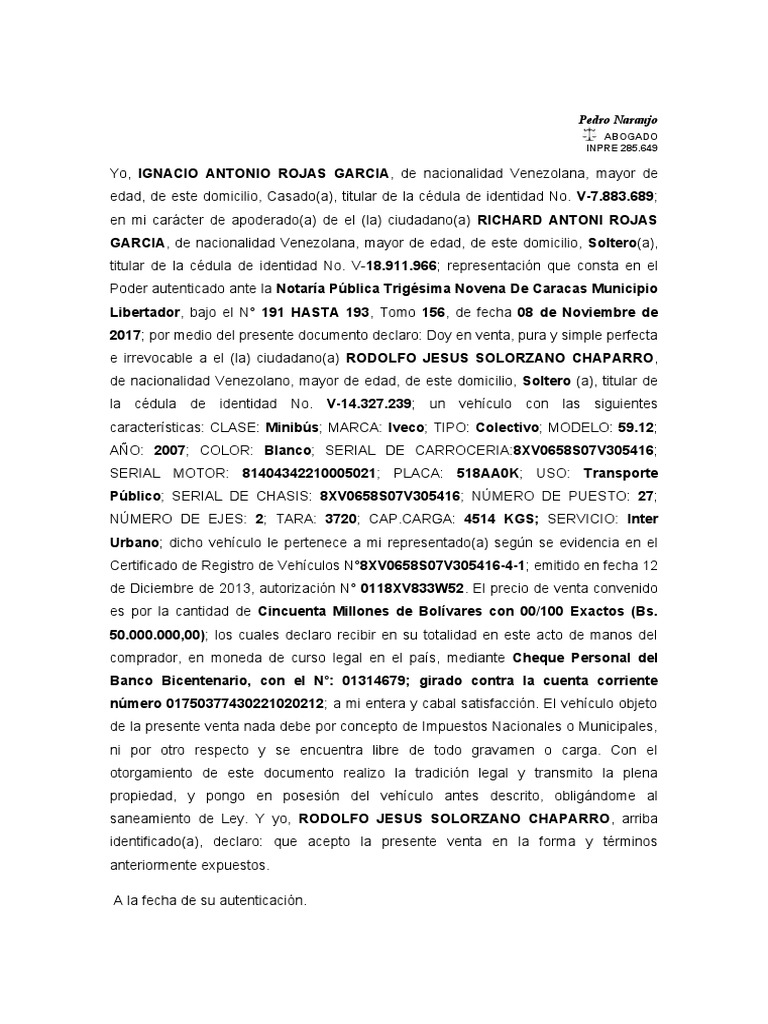 COMPRA VENTA DE VEHICULO DE NATURAL CON PODER A NATURAL Con Poder | Descargar gratis PDF | Venezuela