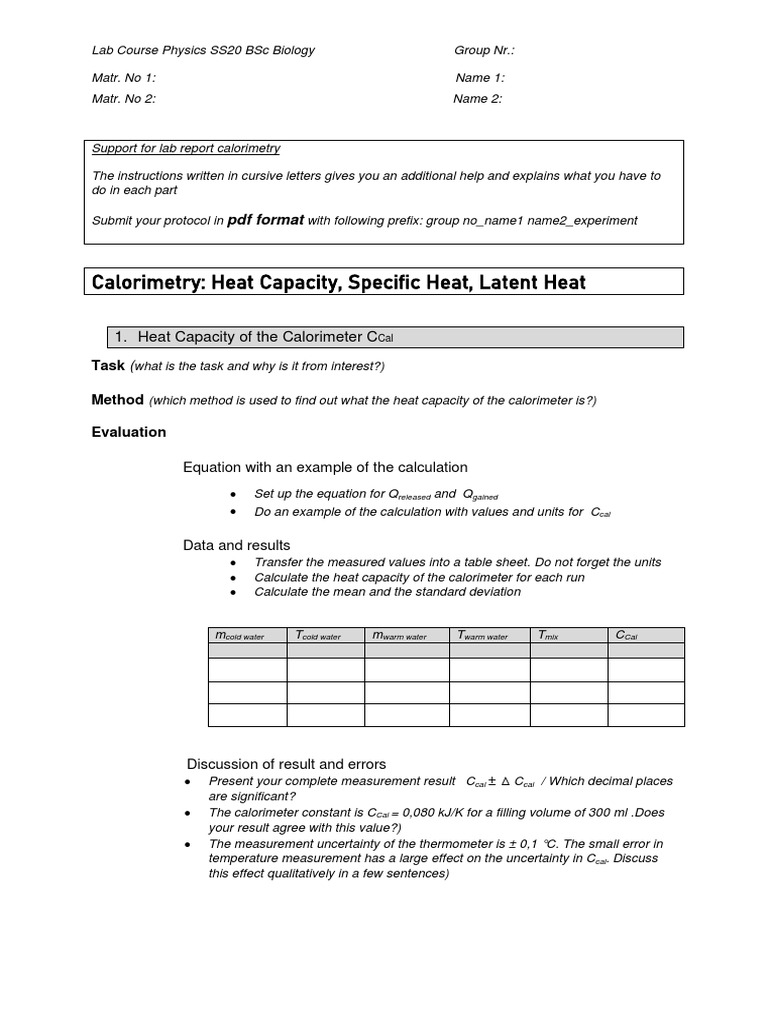 Calorimetry Lab Report Guide | PDF | Calorimetry | Heat