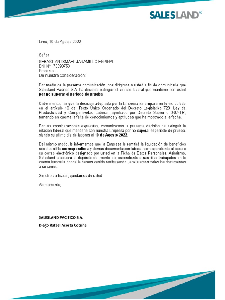 Cese de relación laboral de Jaramillo | PDF | Negocios | Finanzas y dinero