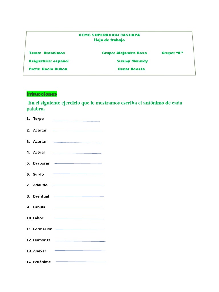 Hoja de Trabajo, Antonimos | PDF