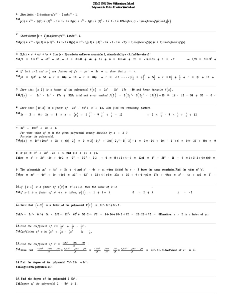 Polynomials-Practice Worksheet-Answers | PDF | Computational Science ...