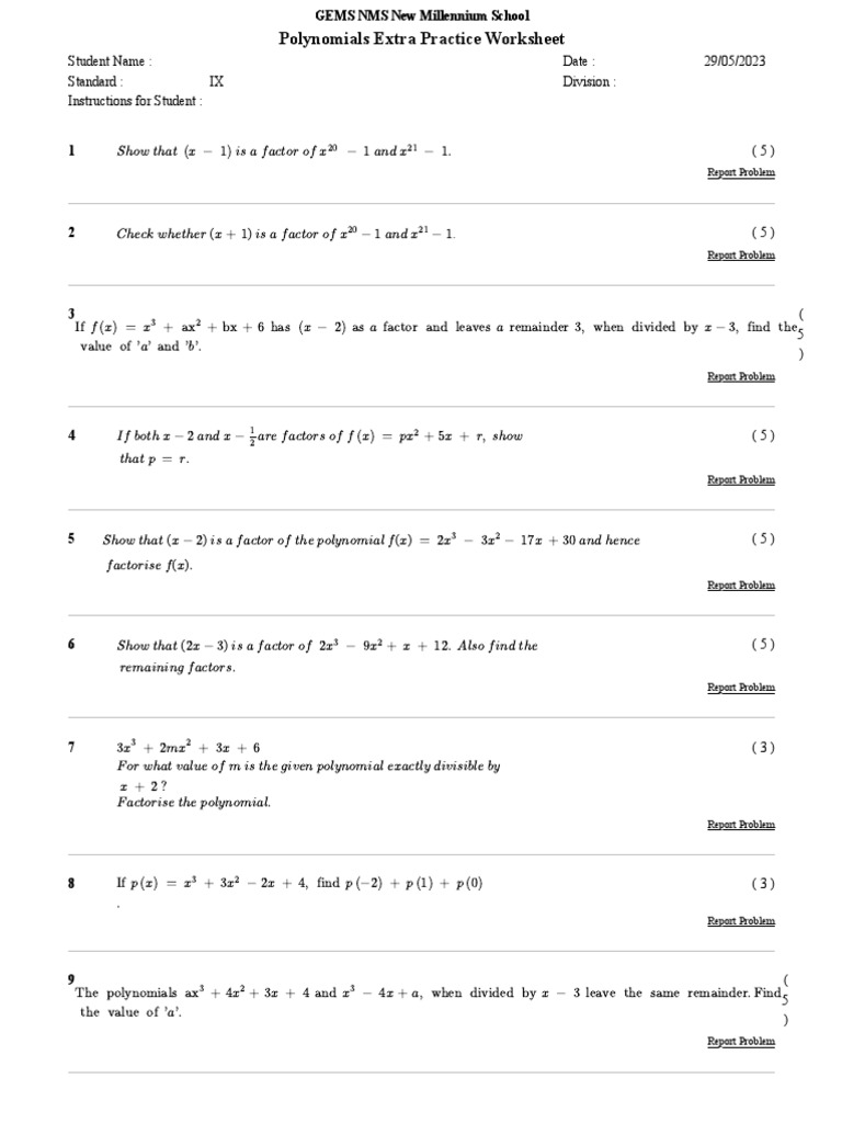 Polynomials-Practice Worksheet | Download Free PDF | Polynomial ... Polynomials-Practice Worksheet | Download Free PDF | Polynomial ...
